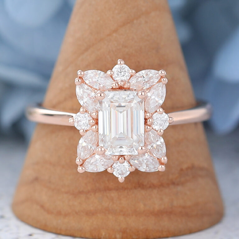 Rose Gold Moissanite Wedding Rings Round Moissanite Engagement Ring Vintage - AmandaFineJewelry