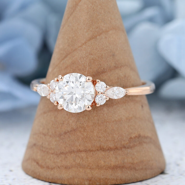 Rose Gold Moissanite Wedding Rings Round Moissanite Engagement Ring Vintage - AmandaFineJewelry