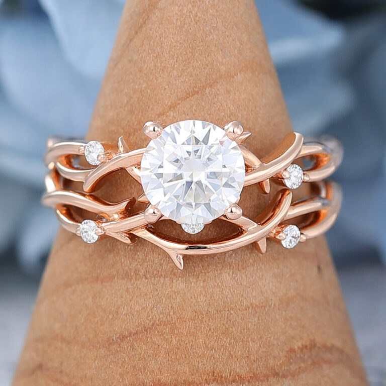 Pear Shaped Moissanite Ring Set Vintage Rose Gold Leaf Engagement Ring - AmandaFineJewelry