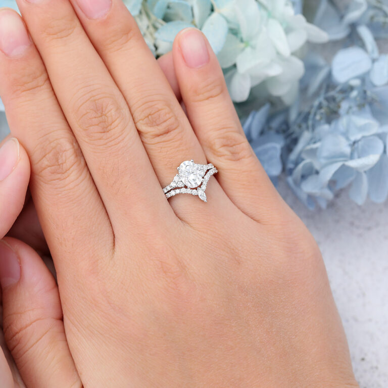 Pear Shaped Moissanite Ring Set Vintage Rose Gold Leaf Engagement Ring - AmandaFineJewelry