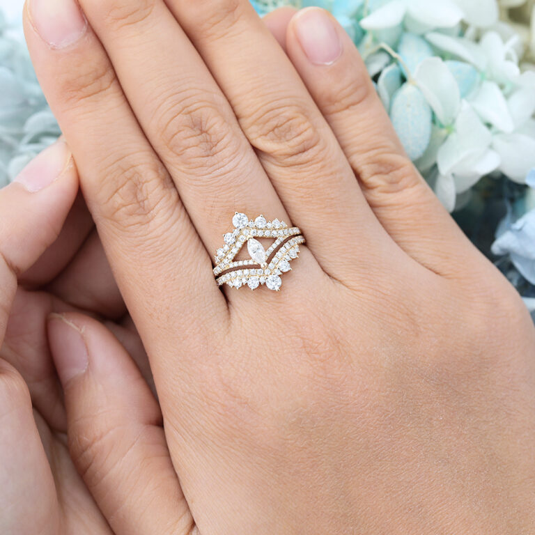 Pear Shaped Moissanite Ring Set Vintage Rose Gold Leaf Engagement Ring - AmandaFineJewelry