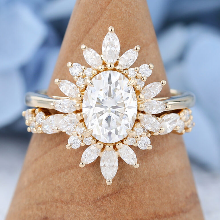 Emerald Cut Moissanite Engagement Ring Set Rose Gold Unique Simple Ring ...