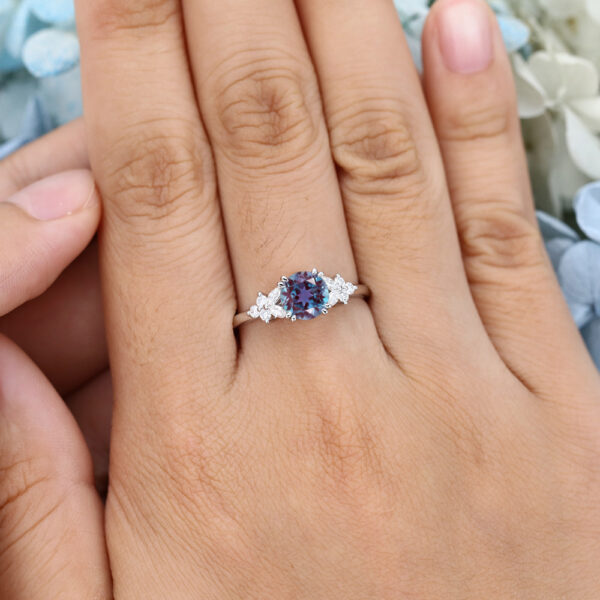 Unique Lab Alexandrite Engagement Ring Vintage White Gold Bridal Ring - AmandaFineJewelry