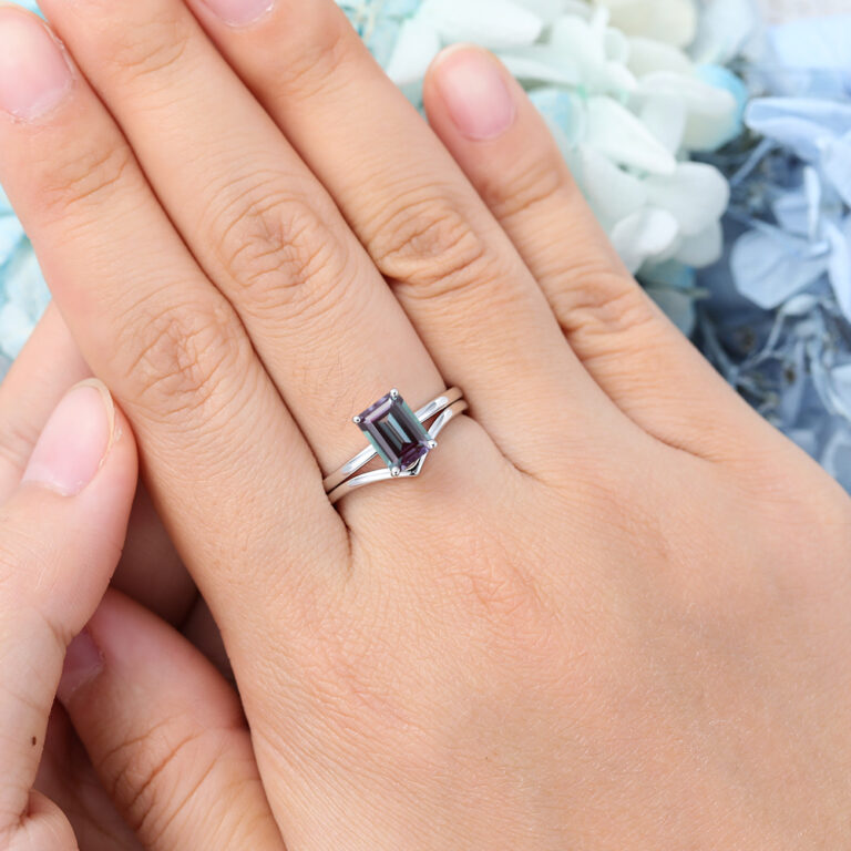 White Gold Simplicity Emerald Cut Lab Alexandrite Engagement Ring Set ...