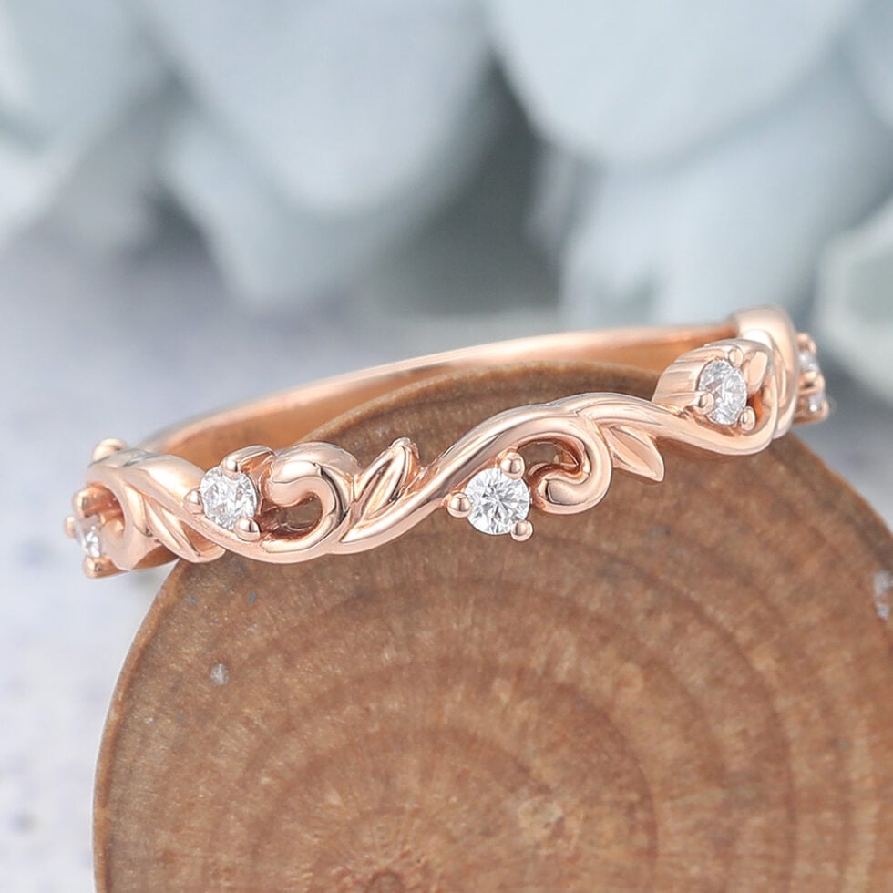 Leaf-Inspired Round Moissanite Curved Wedding Band | AmandaFineJewelry