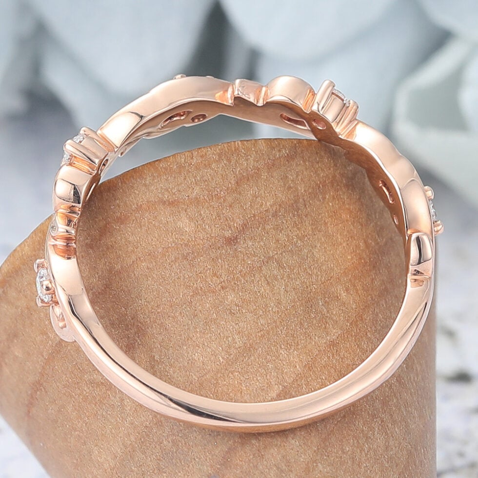 Leaf-Inspired Round Moissanite Curved Wedding Band | AmandaFineJewelry