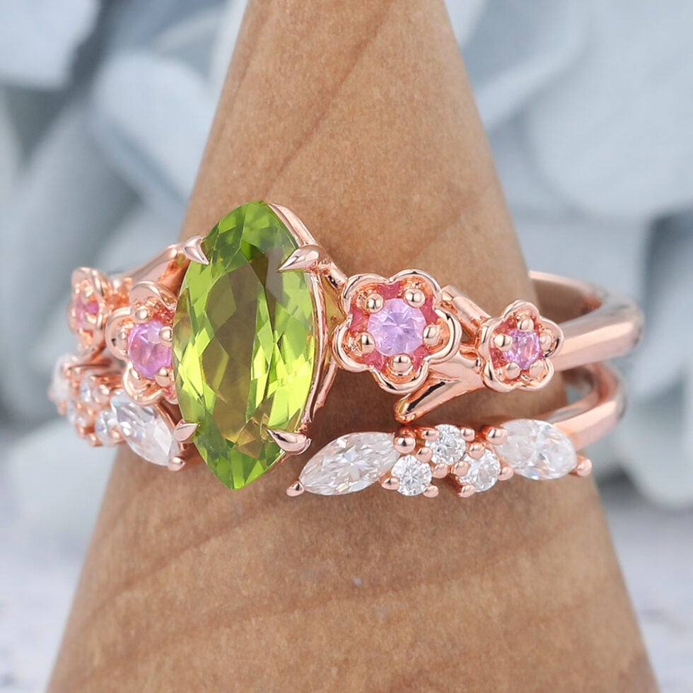 Marquise Cut Peridot Nature-Inspired Bridal Ring Set with Pink Sapphire ...