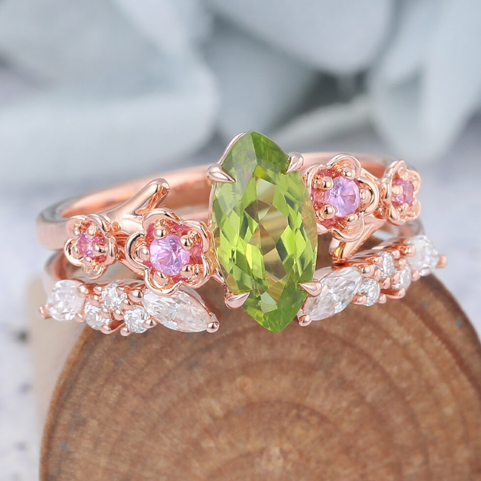 Marquise Cut Peridot Nature-Inspired Bridal Ring Set with Pink Sapphire ...