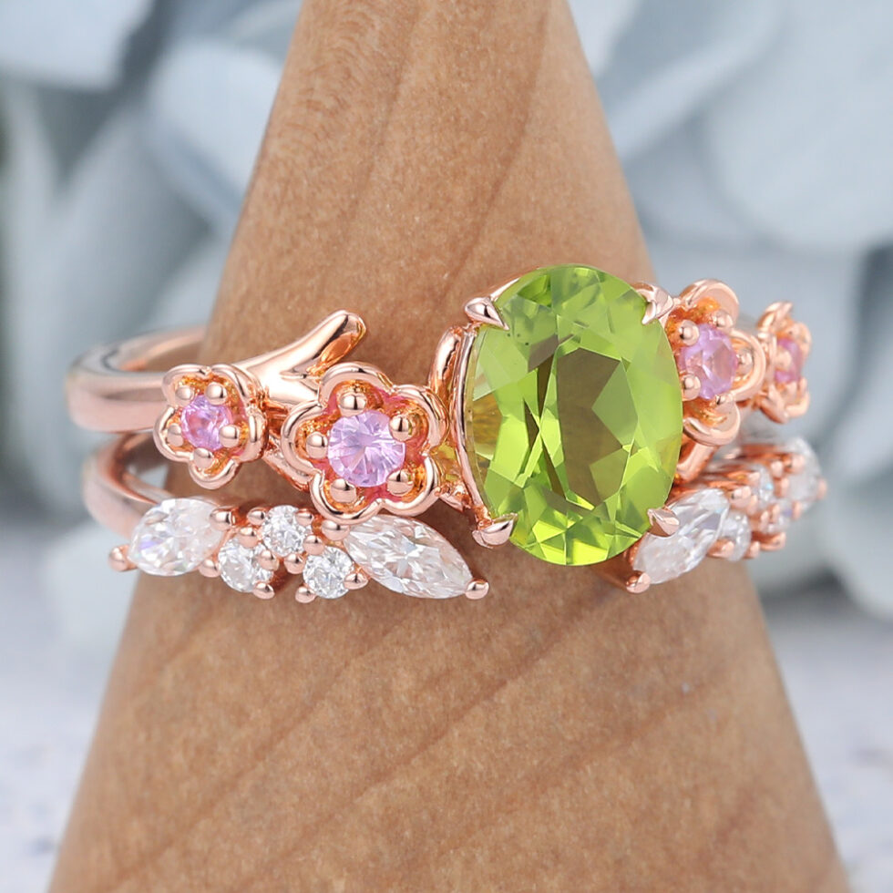 Oval Cut Peridot Nature-Inspired Bridal Ring Set with Pink Sapphire ...