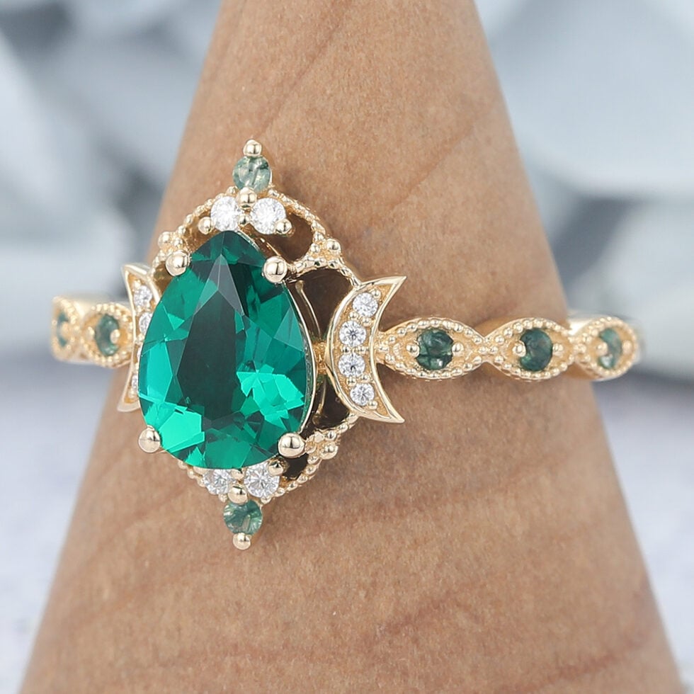 Pear Shaped Lab Emerald Engagement Ring Vintage Beaded Design