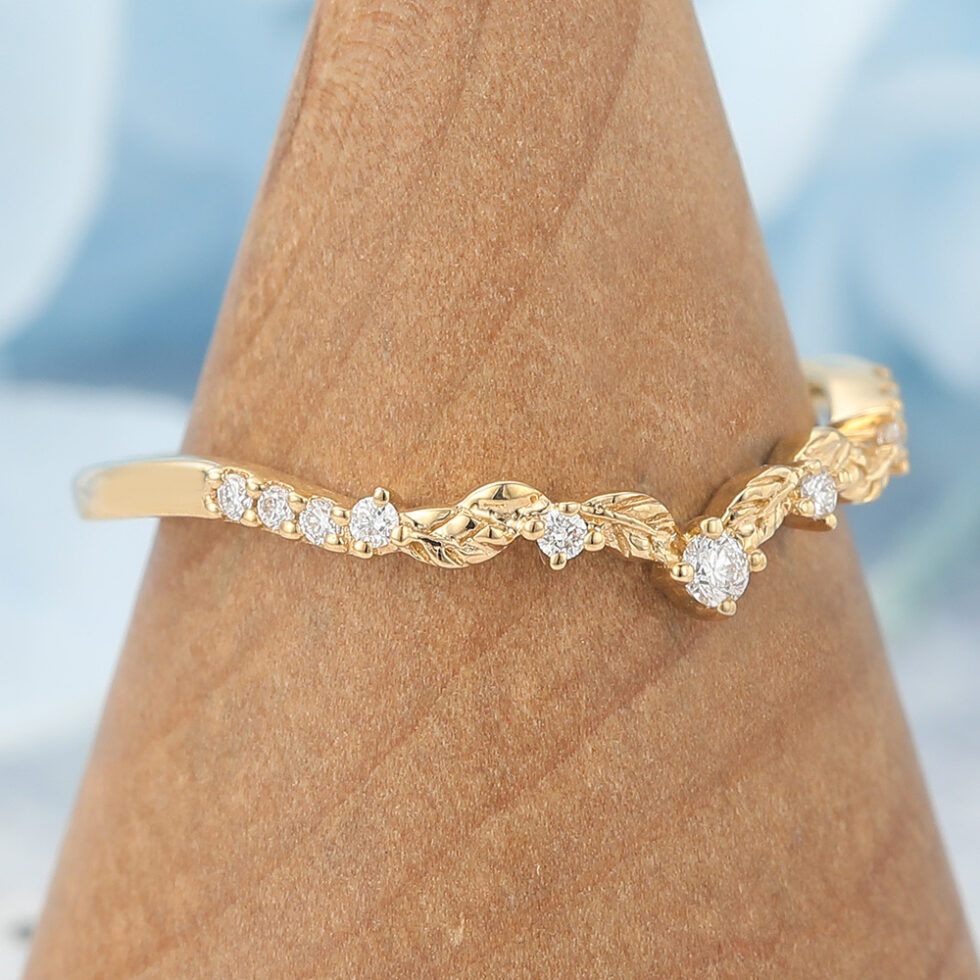 Moissanite Wedding Band Leaves Stacking Ring | AmandaFineJewelry